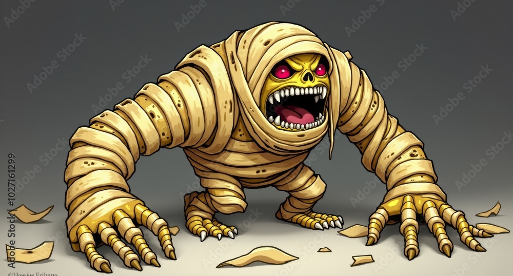 An ancient mummy wrapped in unraveling bandages stumbles forward, its ...