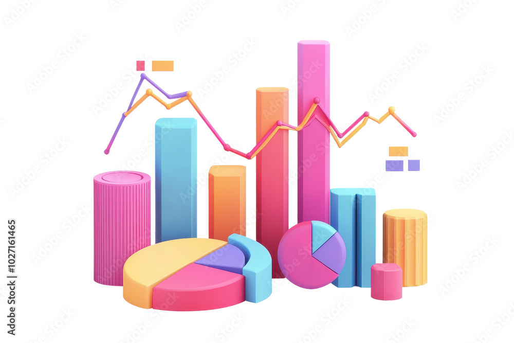 Colorful 3D charts and graphs illustrating financial trends, with pie ...