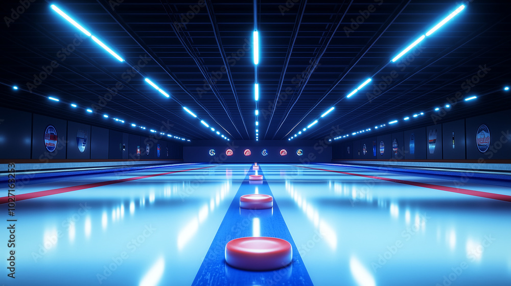 Curling, indoor rink scene with perfectly polished ice, brightly ...