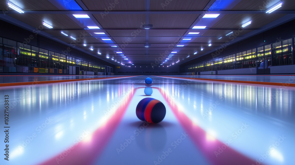 Curling, indoor rink scene with perfectly polished ice, brightly ...