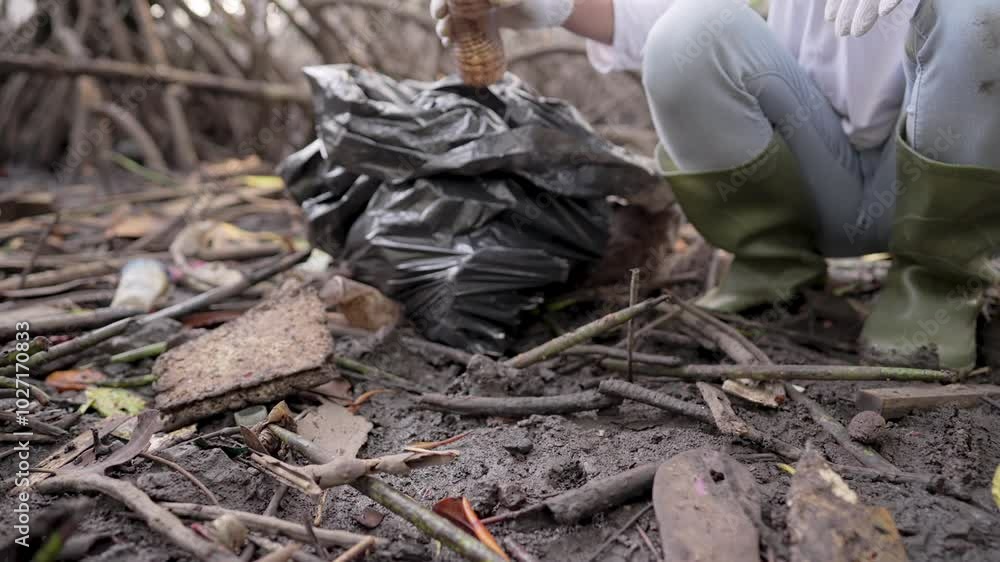 Coastal mangrove forest cleanup, collecting plastic bottle and foam ...