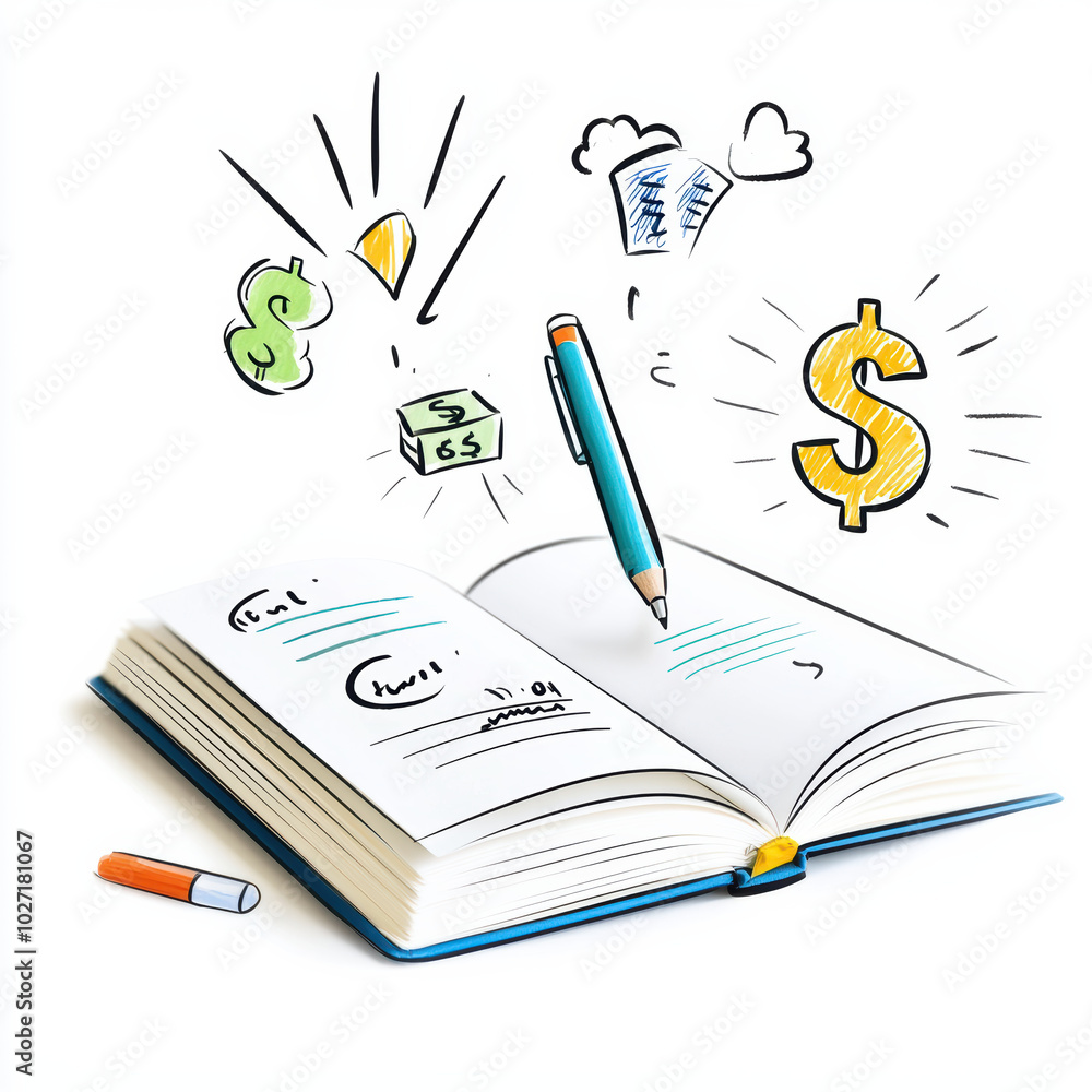 business plan notebook is open, featuring exercise icons and financial ...