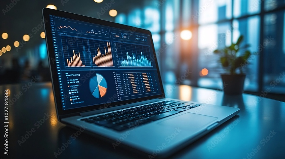 Printed financial reports with bar charts and pie graphs, placed beside ...