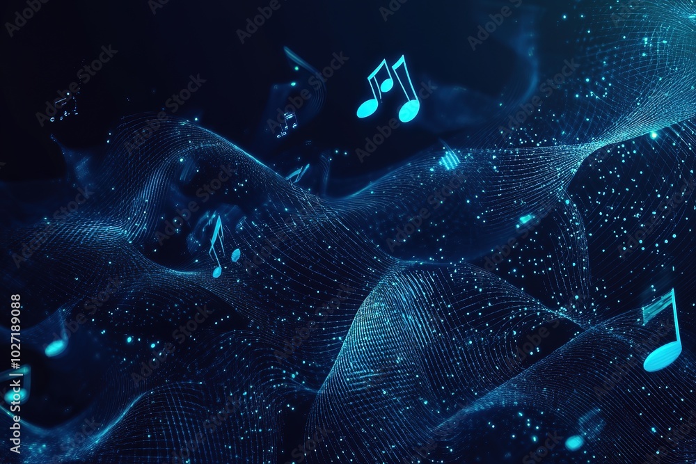 Blue background with glowing musical notes and waves, representing the ...