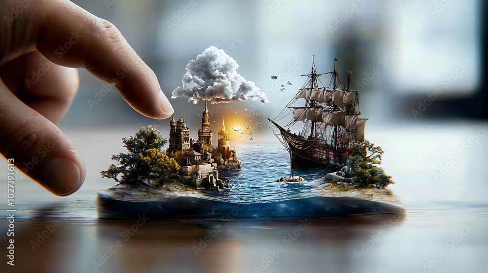 An intricate underwater scene depicting a treasure hunter searching for ...
