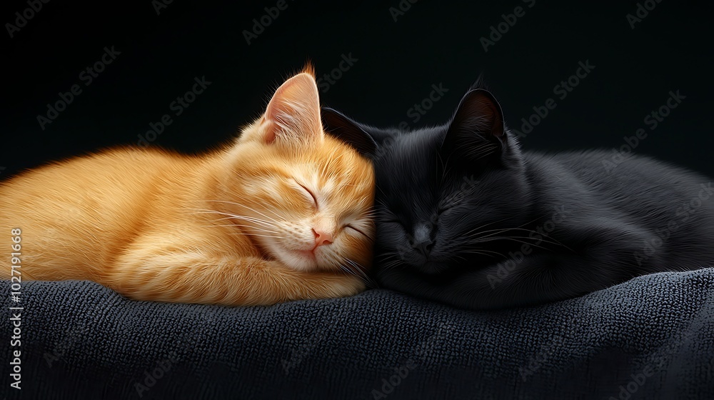 An overhead view of two cats curled up together on a cozy blanket ...
