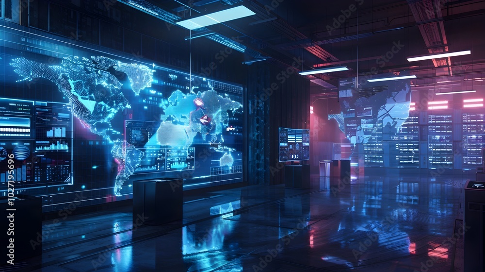 Futuristic Logistics Control Center with Holographic Mapping and Real ...