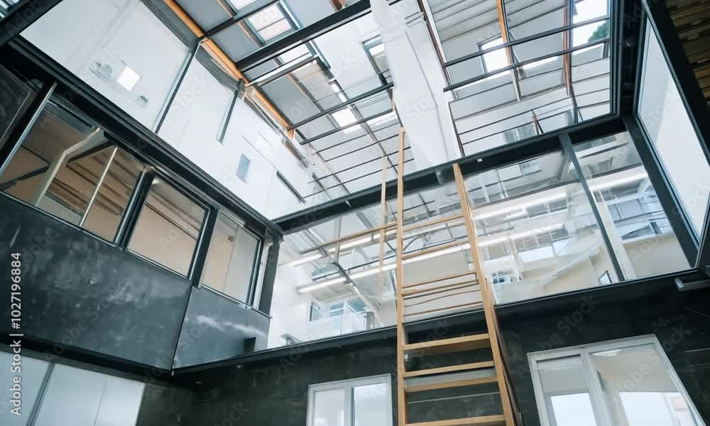 Modern hall loft interior design with wooden stairs and benches and ...