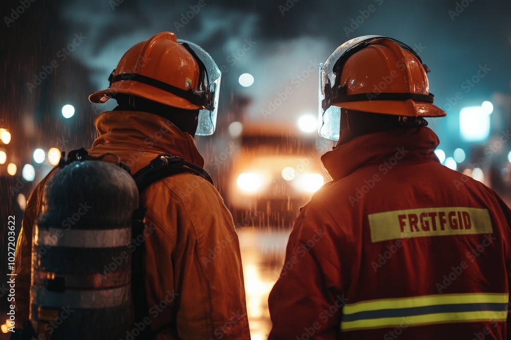 Two firefighters wearing helmets and uniforms stand in the rain at ...