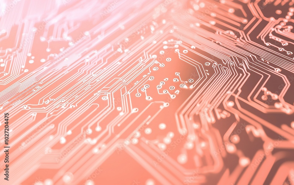 Intricate close-up of a copper circuit board with detailed pathways and ...