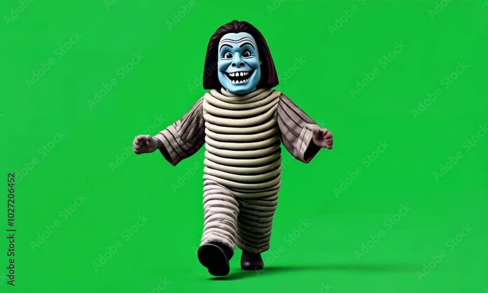 A creepy doll with a big smile and striped outfit on a green screen ...