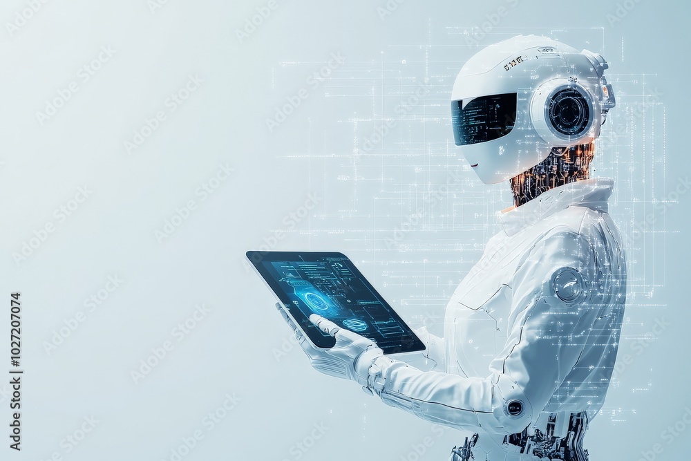 A futuristic robotic humanoid dressed in a sleek, modern outfit is ...