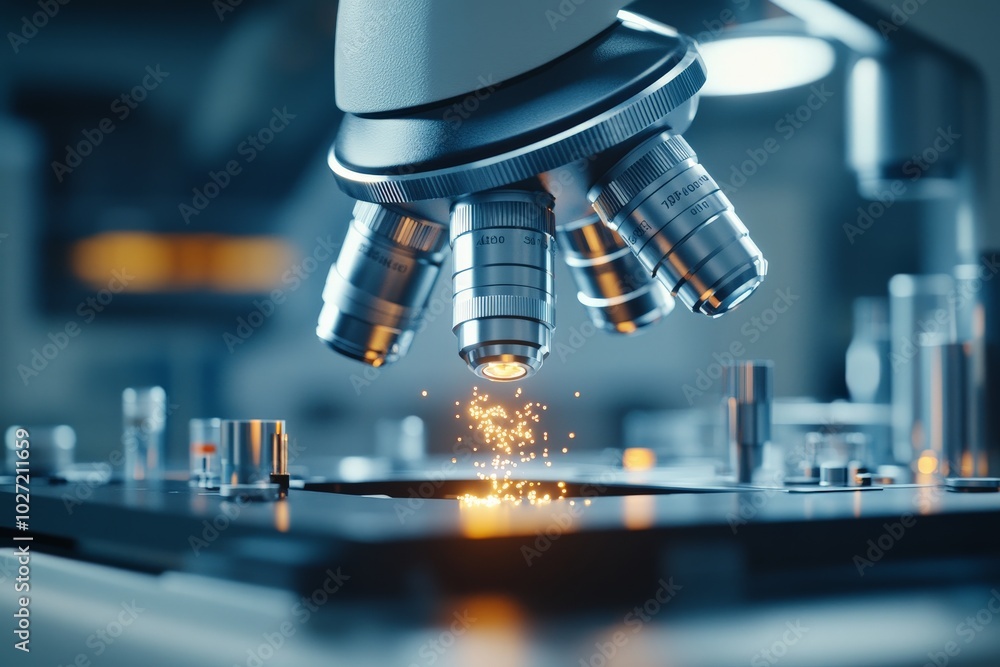 A close-up view of a microscope focusing on a sample, while sparks ...