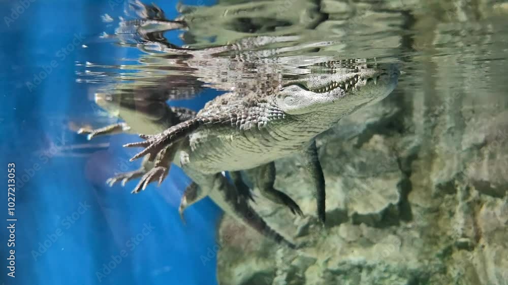 Spectacled caiman or Caiman crocodilus in a water tank in aquarium ...