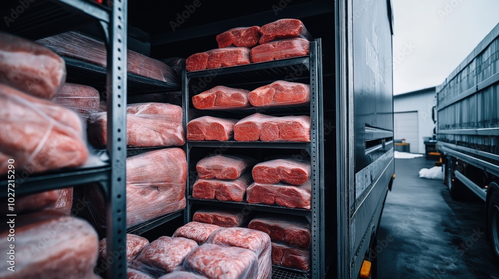 Frozen meat packages stacked on shelves inside a refrigerated truck ...