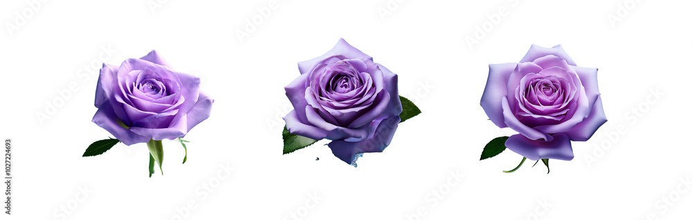 Three purple roses are shown against a blue background. The rose in the ...