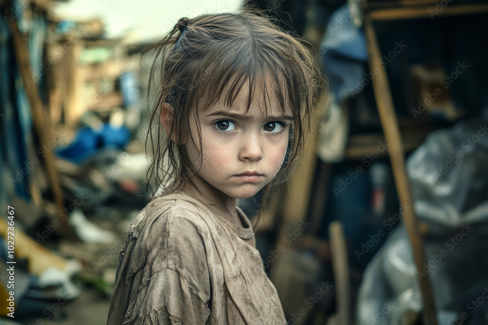 Portrait of a little girl in rags from the slums, gazing with big eyes ...