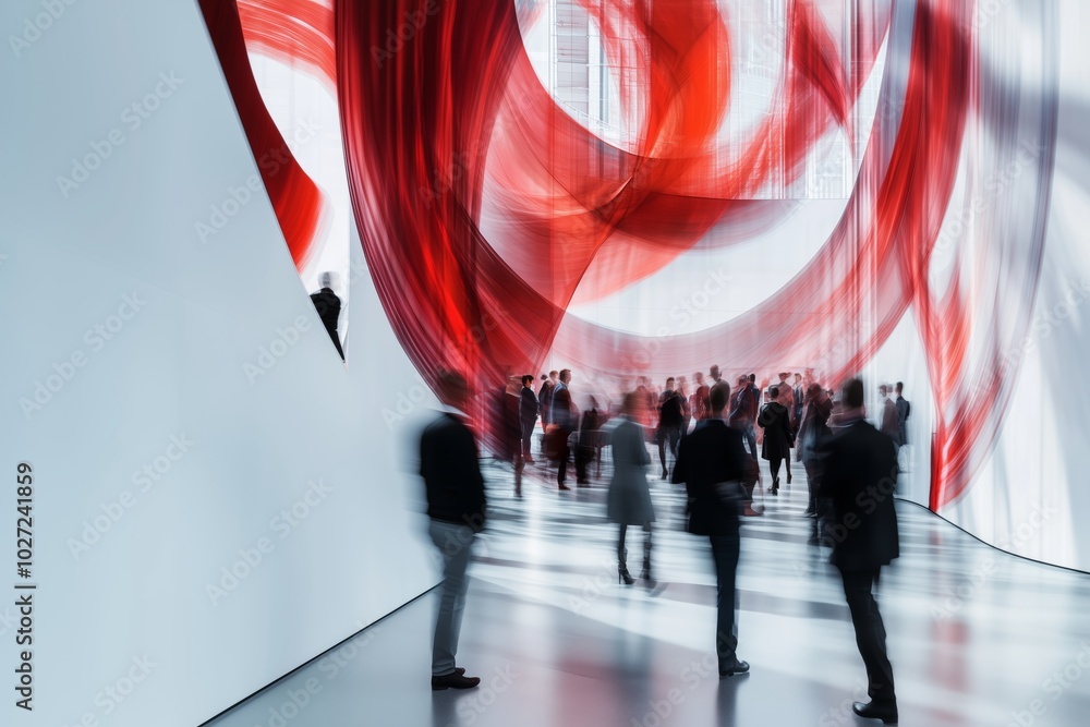 Exhibition expo event trade fair hall with busy bustling people walking ...