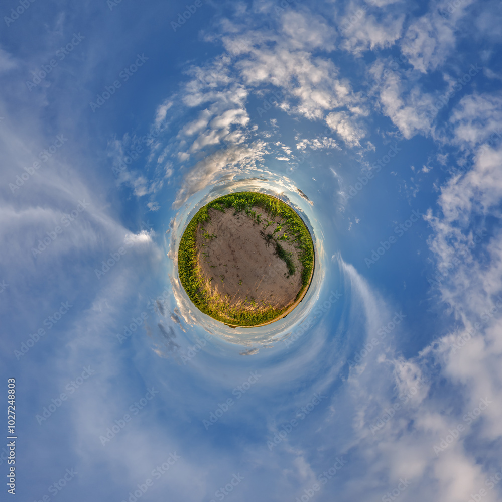 simple little tiny planet without buildings in blue sky with sun and ...