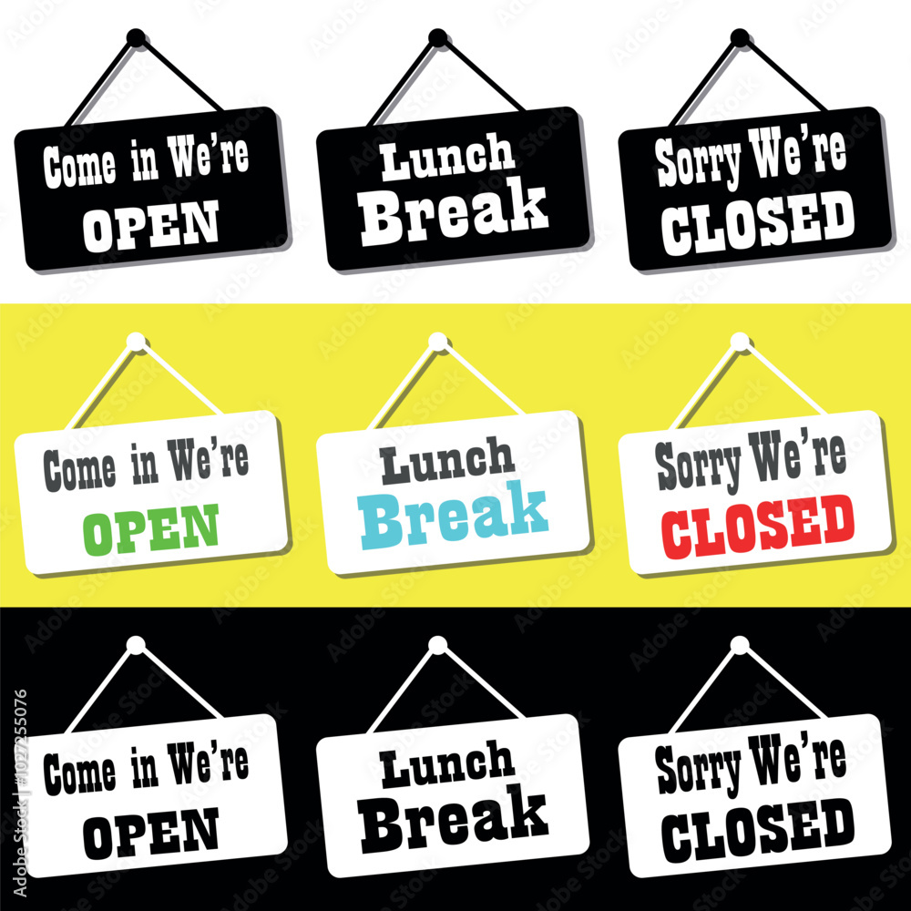 Collection of Flat signboards with Come in, we're open, Sorry we are ...