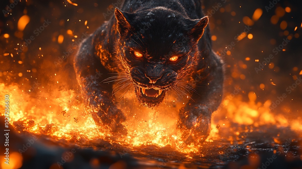 Midstride black panther roars as it emerges from a river of lava ...