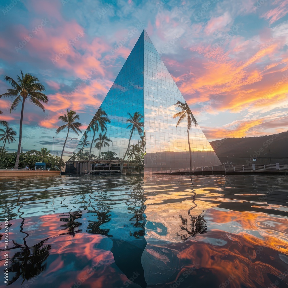 mirror glass triangle pyramid shape building on a ocean background ...