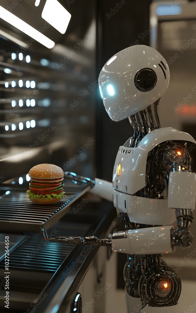 Robot chef flipping burgers on a smart grill in a tech driven fast food ...