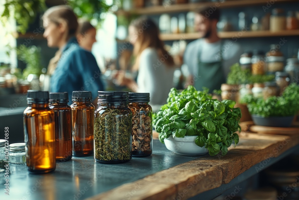 People working together in a kitchen, blending essential oils and herbs ...