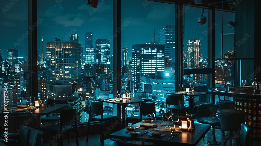 Luxury interior of a restaurant at night with a view of the city Stock ...