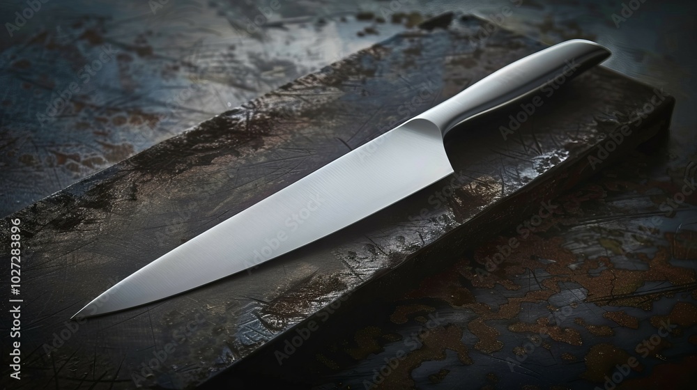 Sharp kitchen knife. Professional chef knife on a rustic surface. Sharp ...
