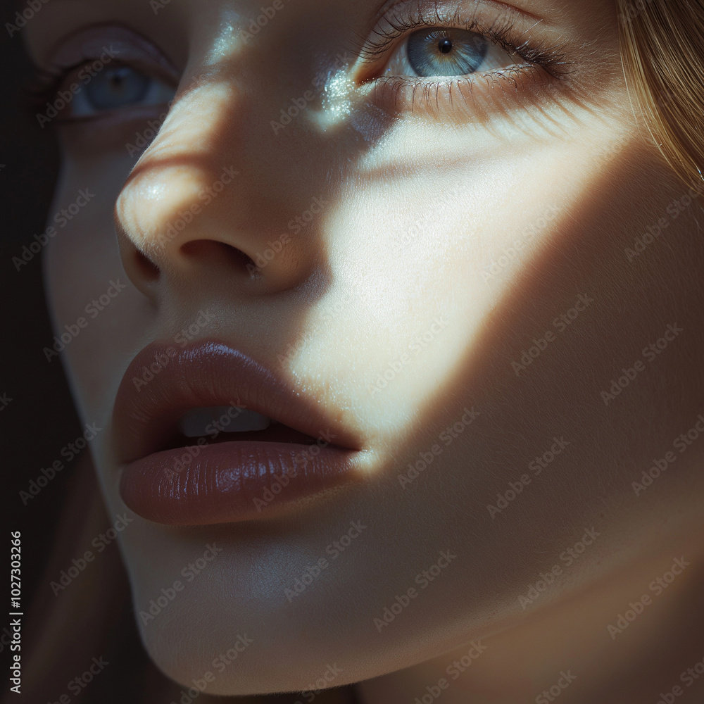 Close-up shot of a woman's face with dramatic side lighting ...