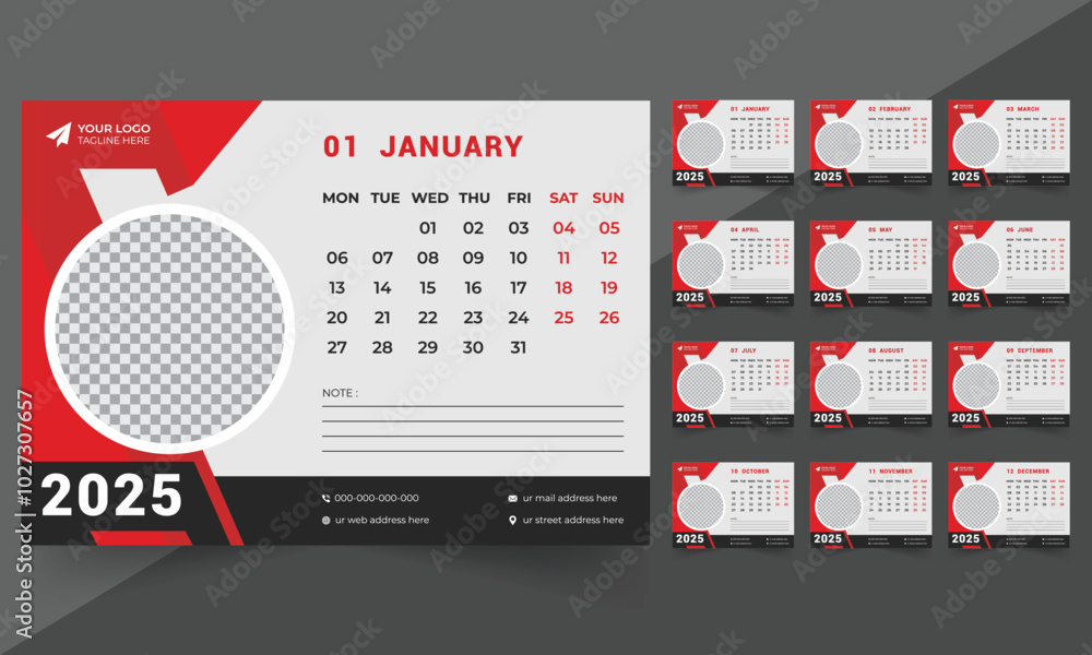 Desk calender template design. 12 mo,ths diary planner for 2025. Months ...