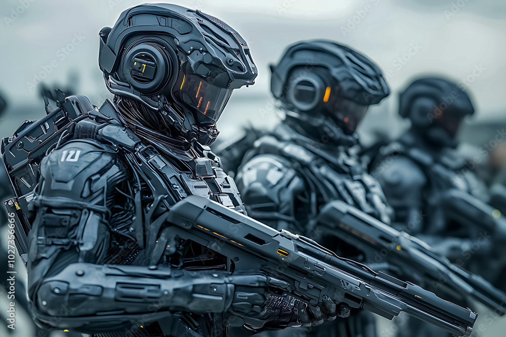 High-tech soldiers in futuristic combat suits armed with advanced ...