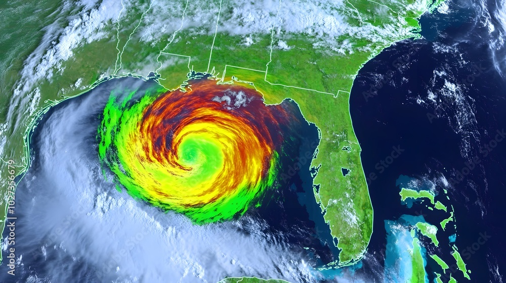 Weather radar displaying the predicted path of an approaching hurricane ...