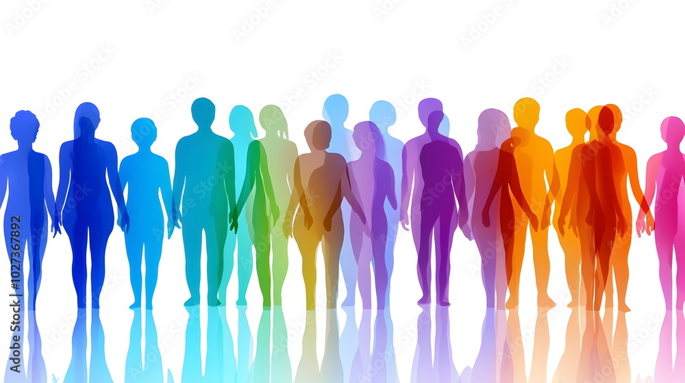 Ilustrace „Rainbow of Unity: A vibrant line of colorful stick figures ...