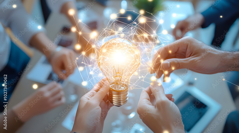 Teamwork and Innovation: A group of hands reach towards a glowing ...
