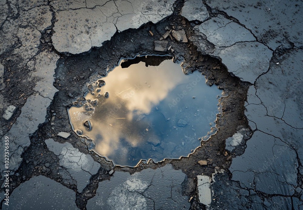large pothole on the asphalt road, causing cracks and craters in its ...