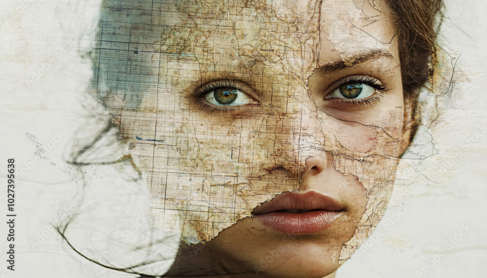 Create portraits where people’s faces are overlaid with maps or grids ...