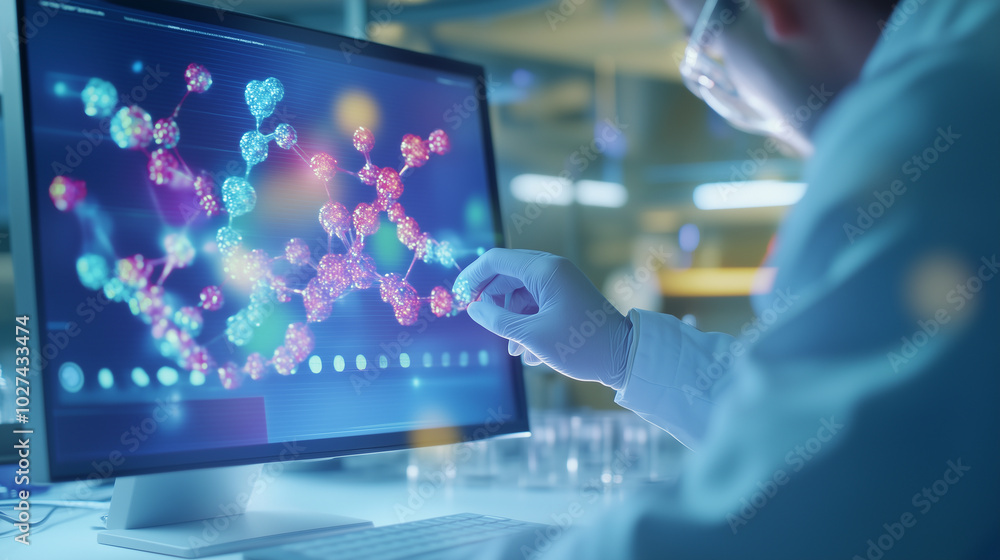 In a high-tech laboratory, a researcher observes a digital model of ...