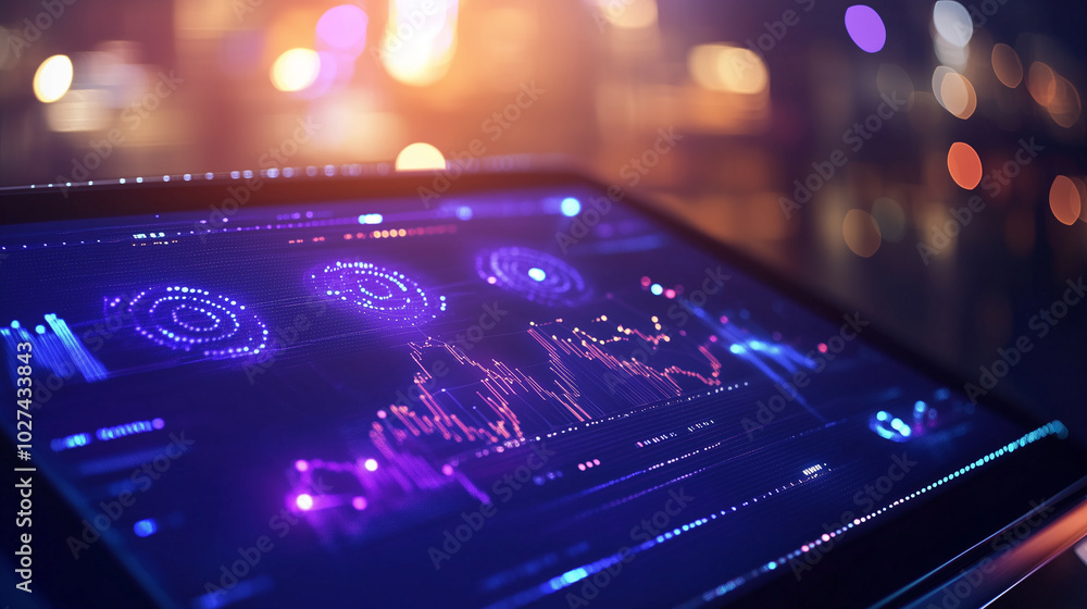 An interactive digital table showing a financial analytics dashboard ...
