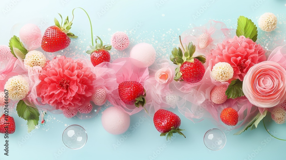 A modern, vibrant background combining juicy strawberries and abstract ...