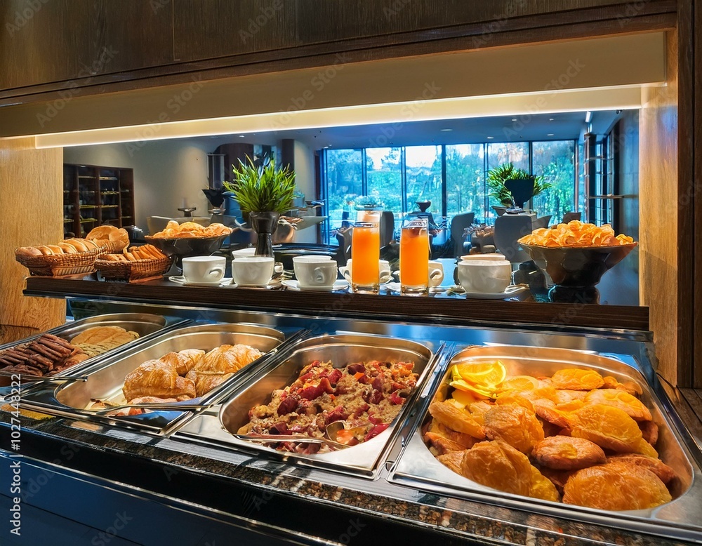 Un buffet de desayuno en un hotel de cuatro estrellas, con una amplia ...