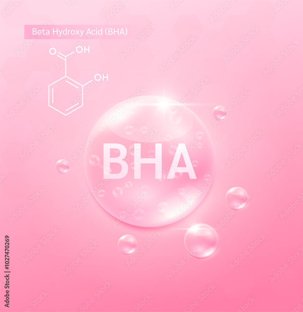 BHA Beta Hydroxy Acid solution pink and chemical structure formula ...