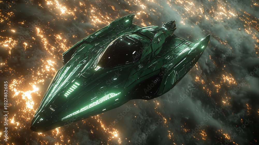 Futuristic green spaceship is flying low over the surface of an alien ...