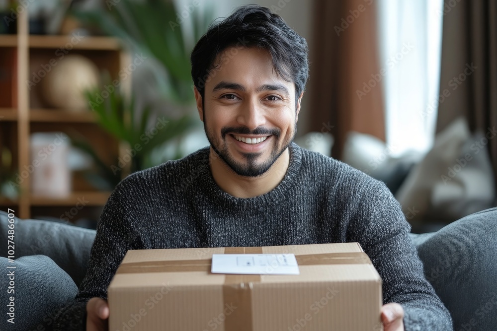 Happy smiling latin indian man opening box with ordered goods at home ...