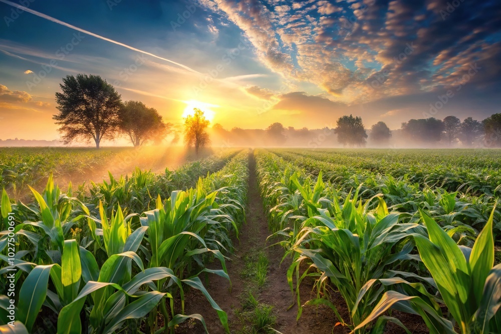 Corn field at agricultural farm in misty morning sunrise Stock Photo ...