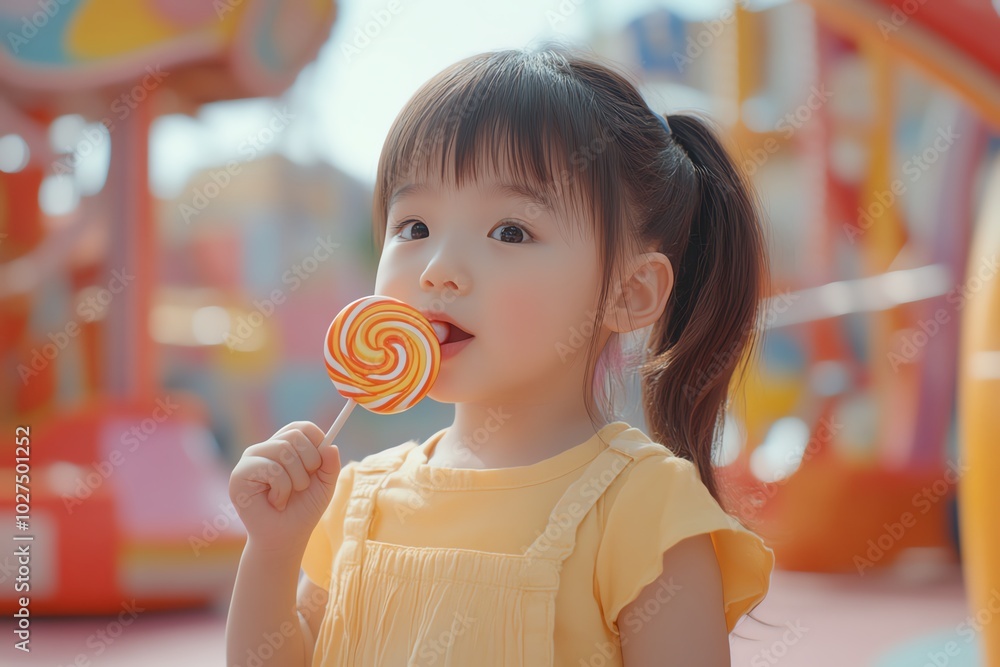 Asian girl is eating a delicious lollipop. The lollipops are colorful ...