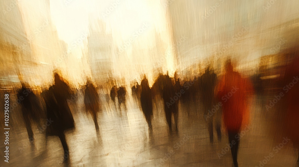 Blurred crowd walking, depicting a group of pedestrians moving quickly ...