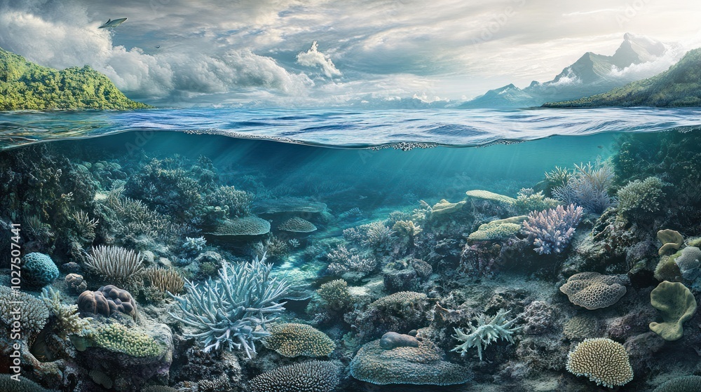 Climate change and ocean acidification, showing marine life and coral ...