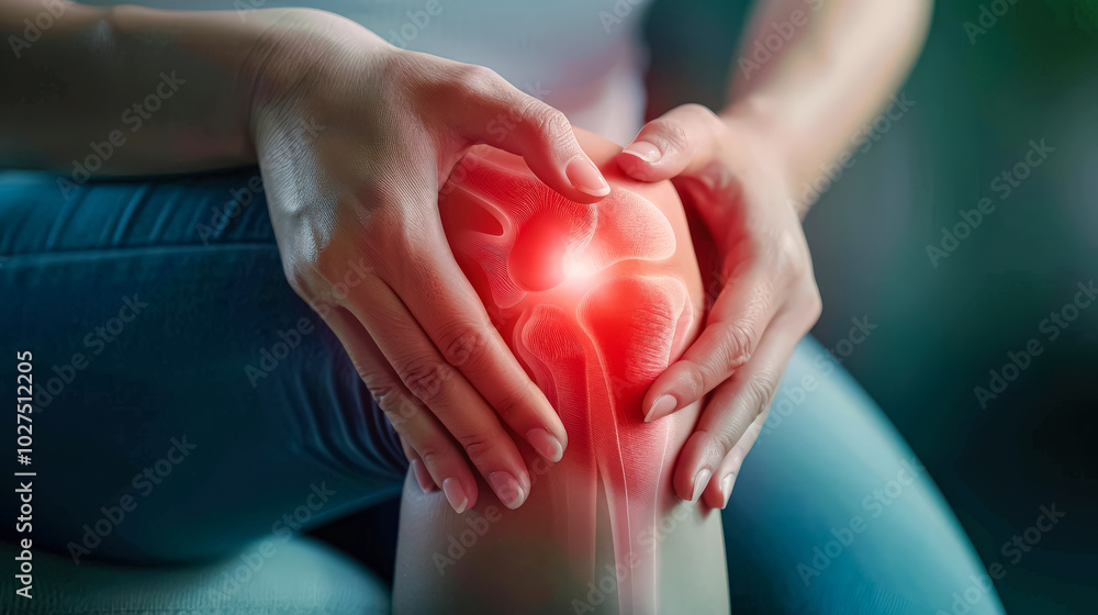 Woman is sitting with her knees bent and holding her knee. The knee is ...